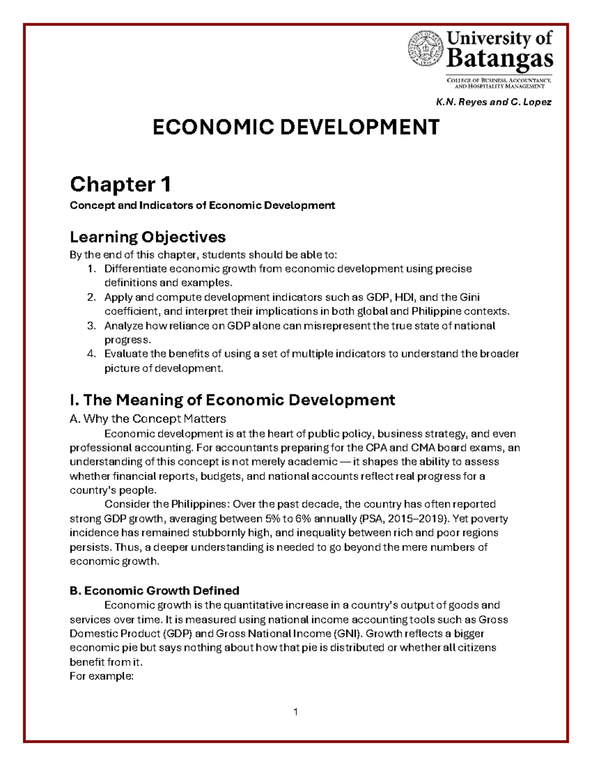 ECON 101: Chapter 1 - Concept & Indicators of Economic Development ...