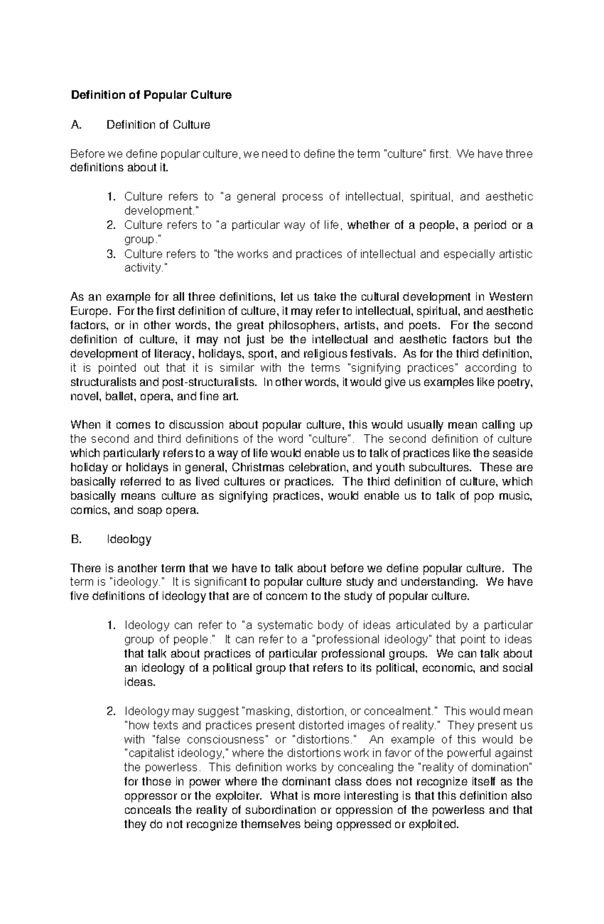 Definition of Popular Culture - Definition of Culture Before we define ...