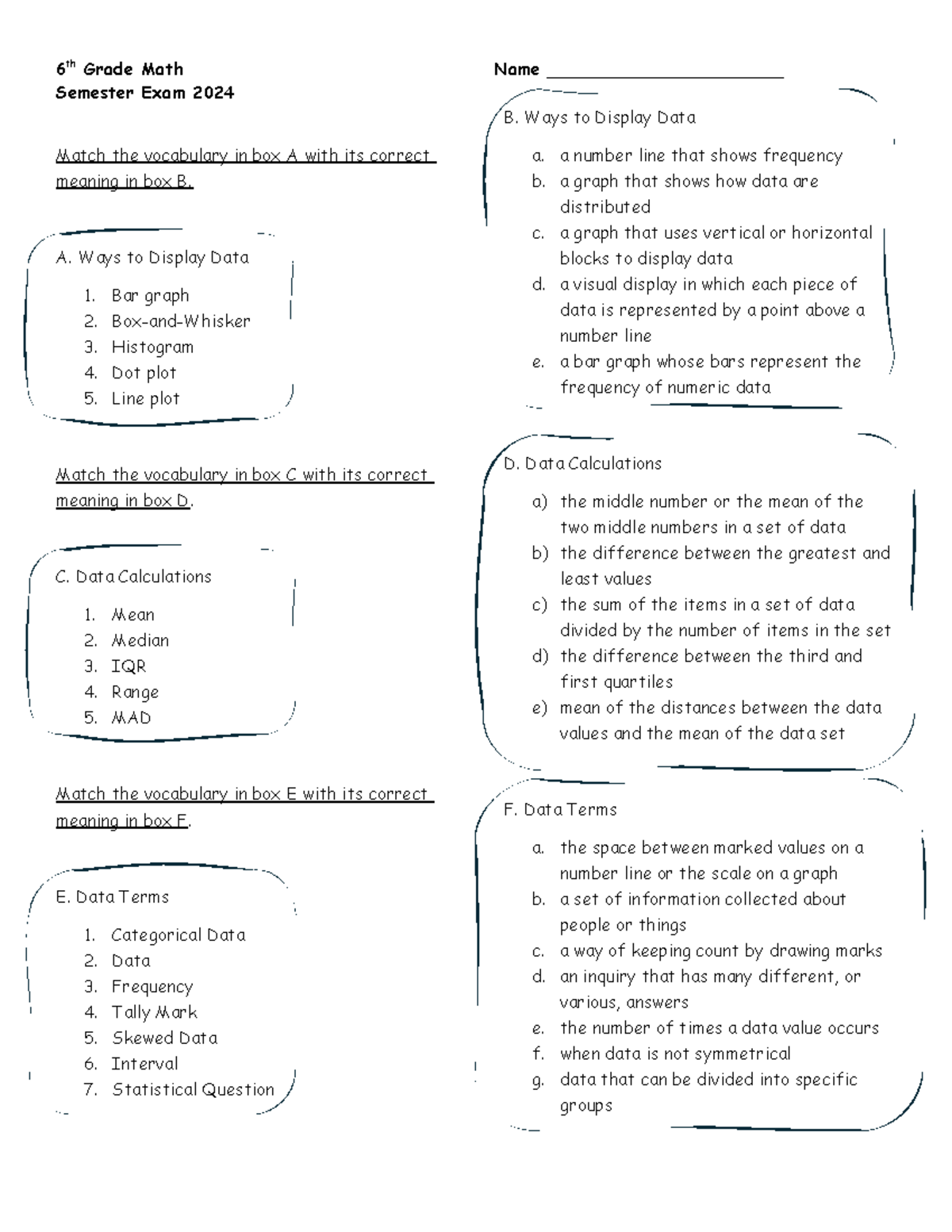 6th Grade Math Semester Exam 2024: Data Vocabulary and Concepts - 6 th ...