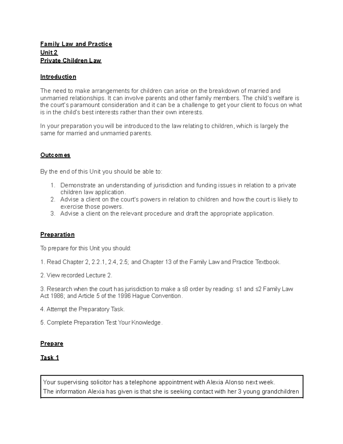 Family Law - Unit 2 - Private Children Law Workshop - LPC - Studocu
