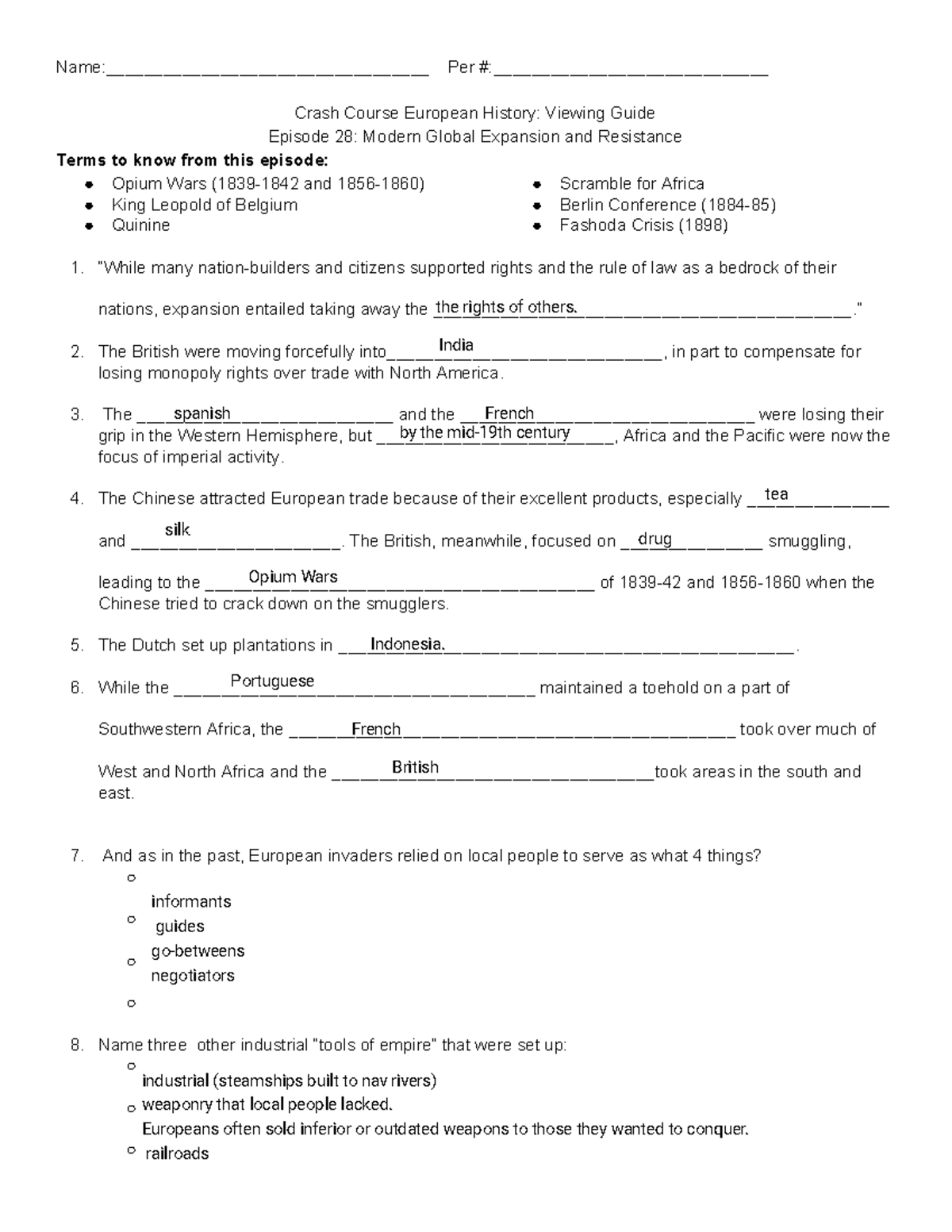 Crash Course European History: Viewing Guide Ep 28 - Global Expansion ...