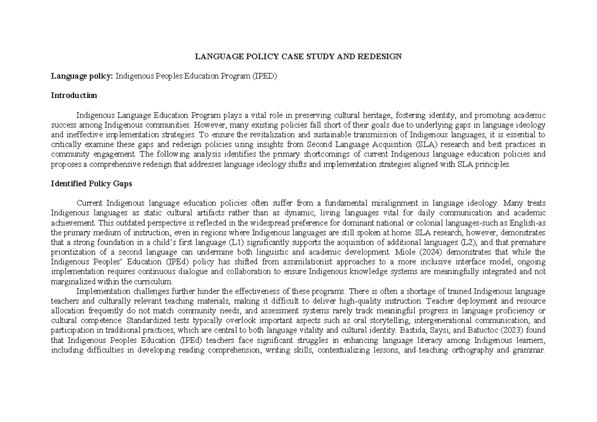 Language Policy Case Study & Redesign: Indigenous Education (IPED ...