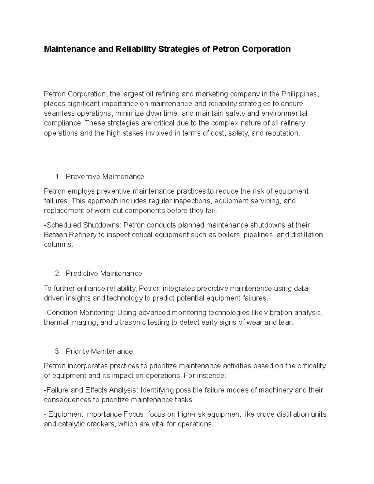 Petron Corp Maintenance & Reliability Strategies Overview - Studocu