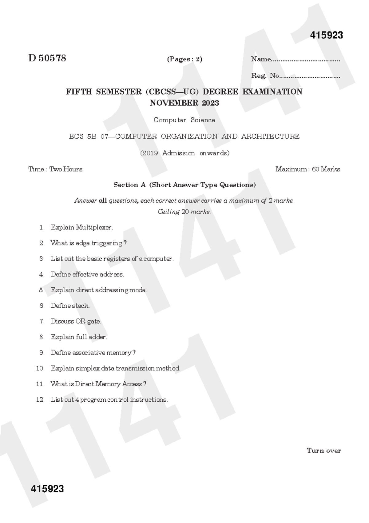 BSc Computer Organization & Architecture Exam Paper - Nov 2023 - Studocu