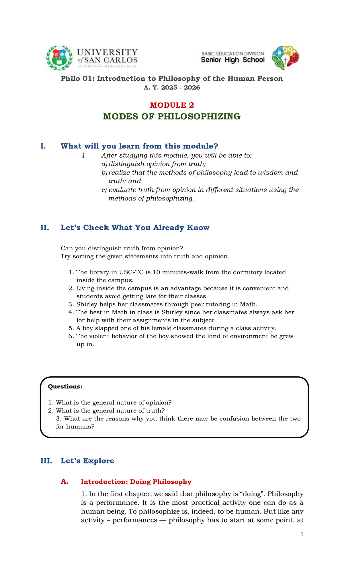 Philo 01: Understanding Truth and Opinion in Modes of Philosophizing ...