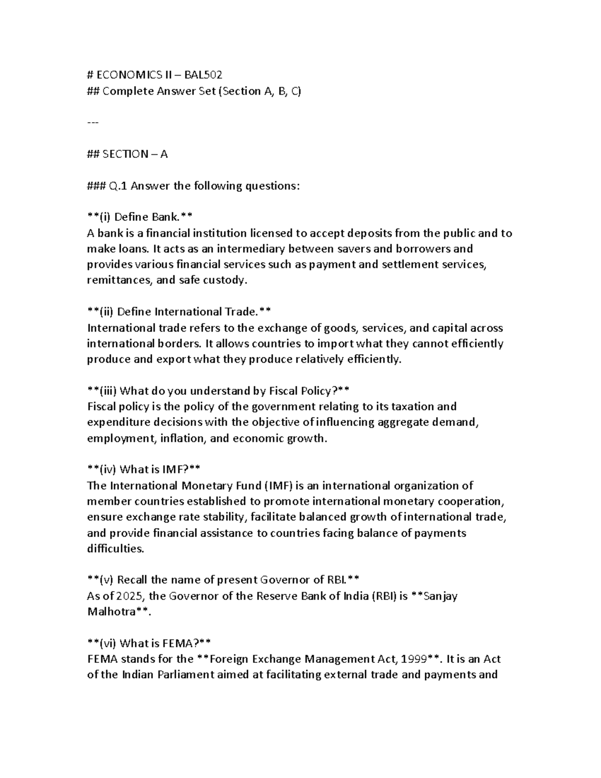 ECONOMICS II BAL502 Complete Answer Set: Key Concepts & Definitions ...