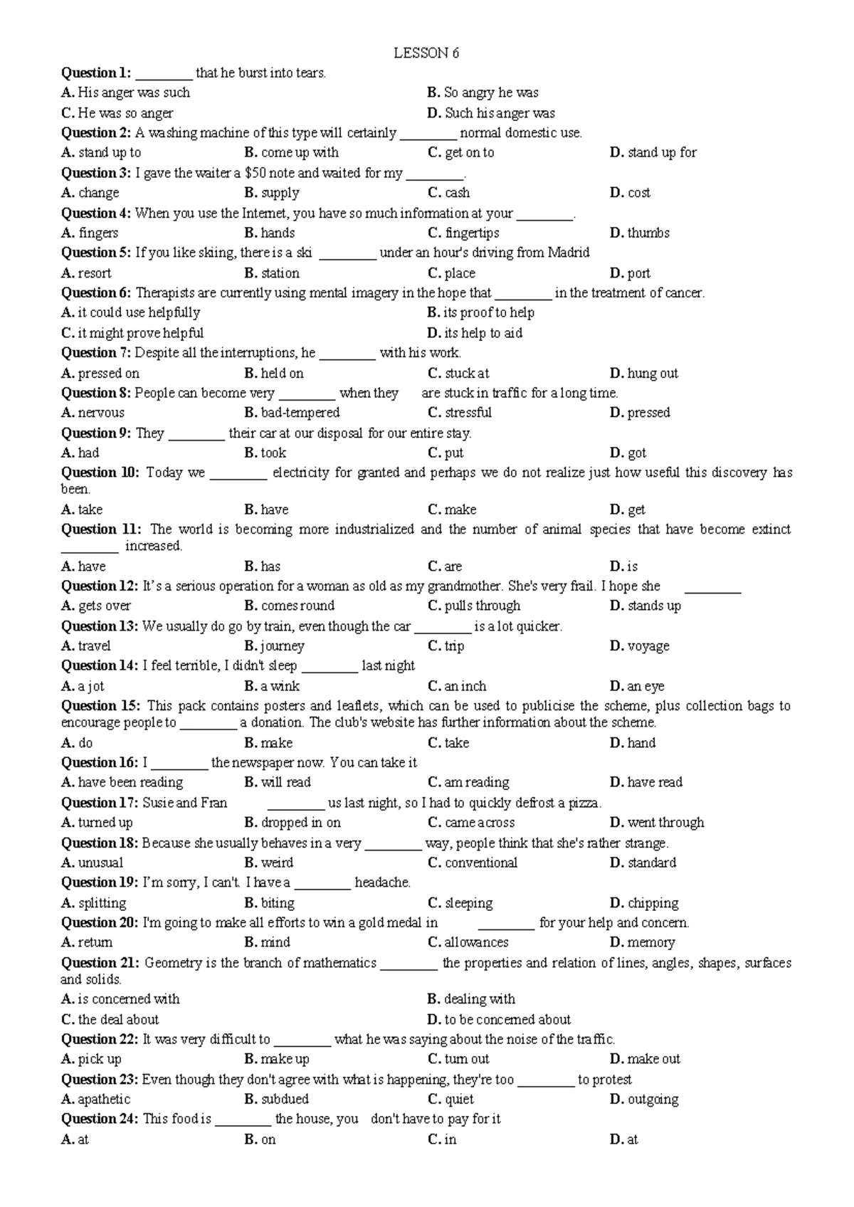 Lesson 4 - Vocabulary and Grammar Exercises - Studocu
