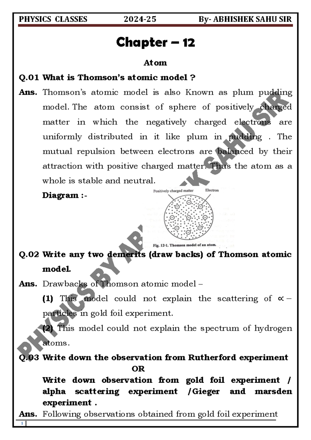 PHYSICS 101 Final Exam Notes: Chapter 12 - Atomic Models and Spectra ...