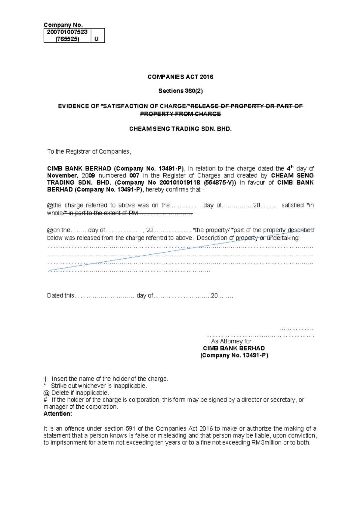 Form 42B SSM - Pelepasan Gadaian for Cheam Seng Trading Sdn. Bhd. - Studocu