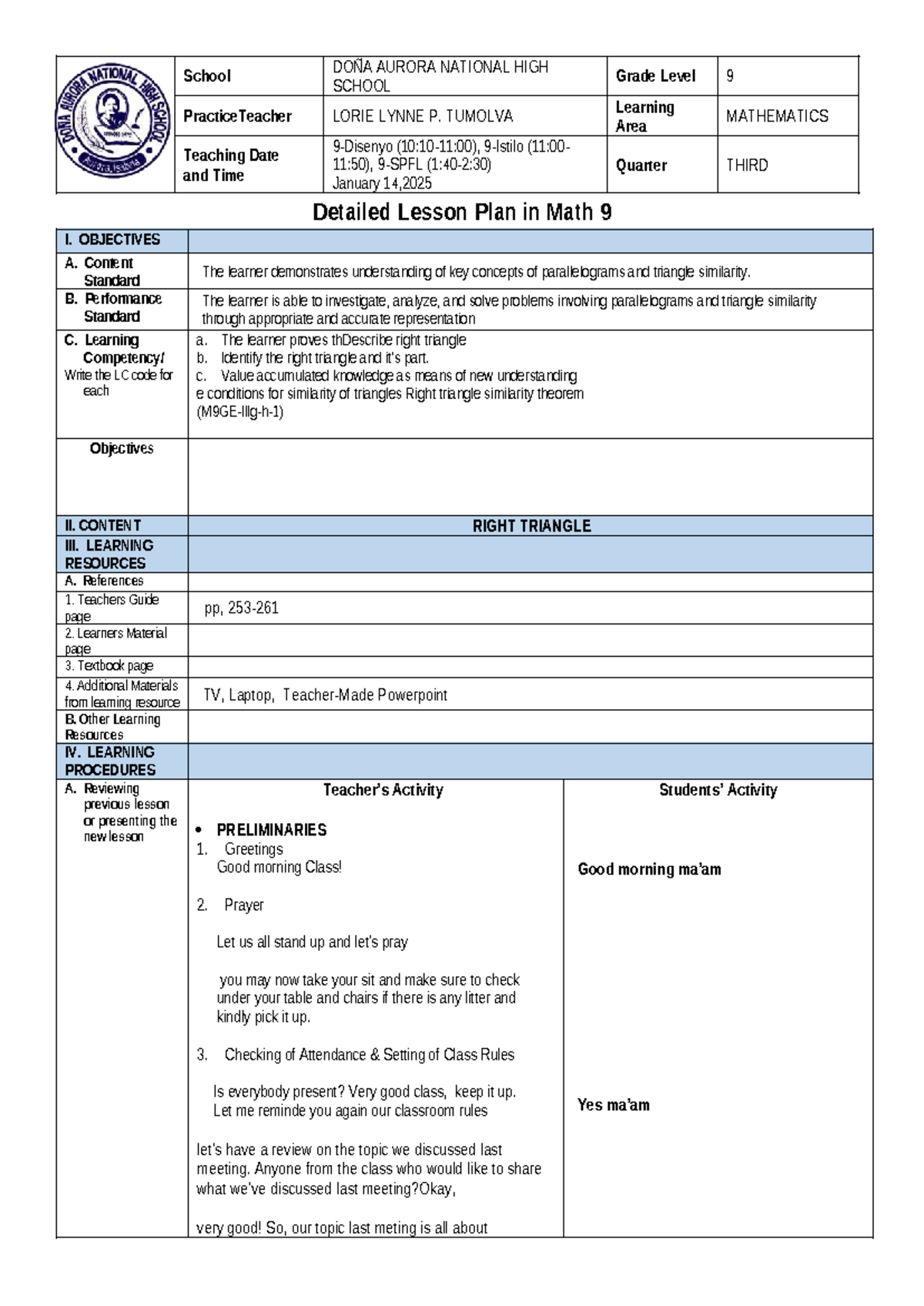 Math 9 Detailed Lesson Plan: Right Triangle Similarity - Studocu