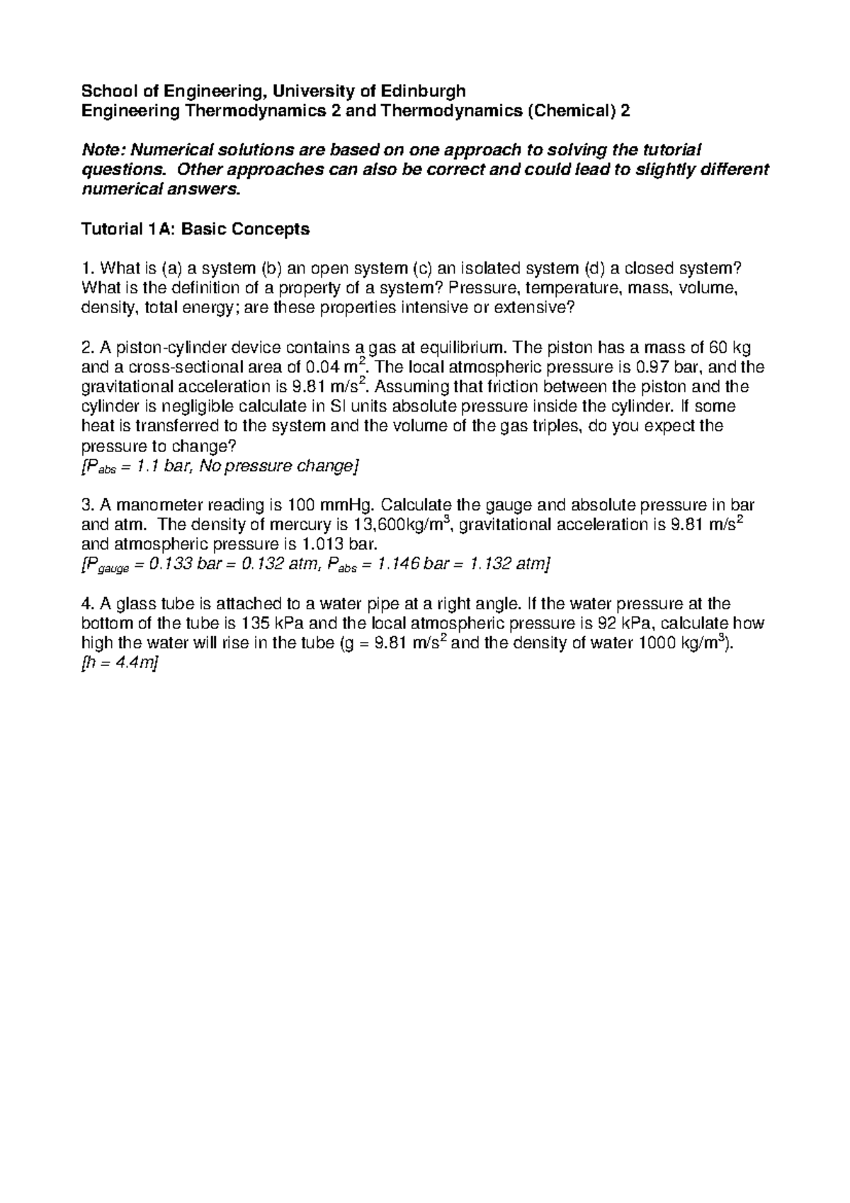 Engineering Thermodynamics 2 Tutorial Questions & Solutions - Studocu