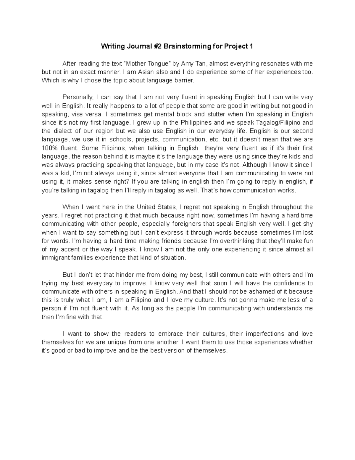 Writing Journal #2: Embracing Language Barriers and Identity - Studocu