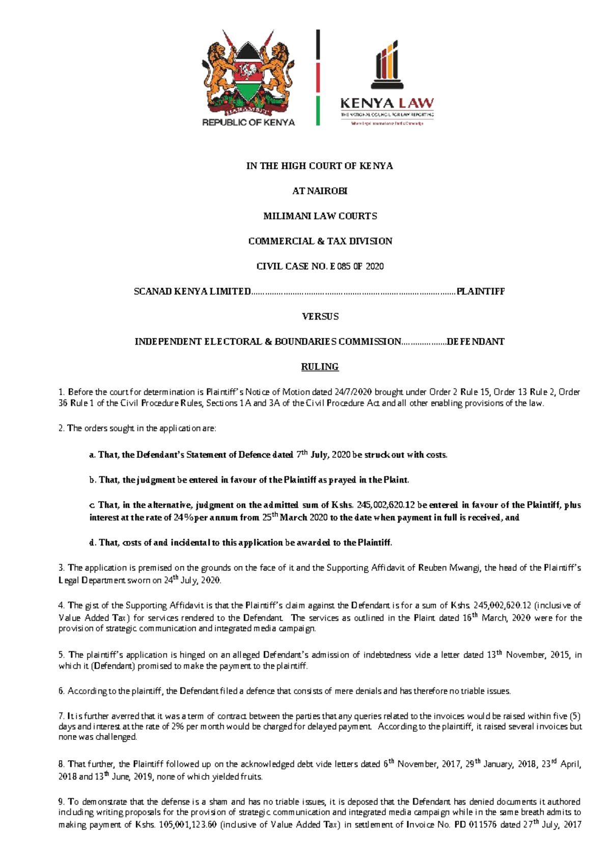 Scanad Kenya Ltd v IEBC: Ruling on Motion for Judgment on Admission ...