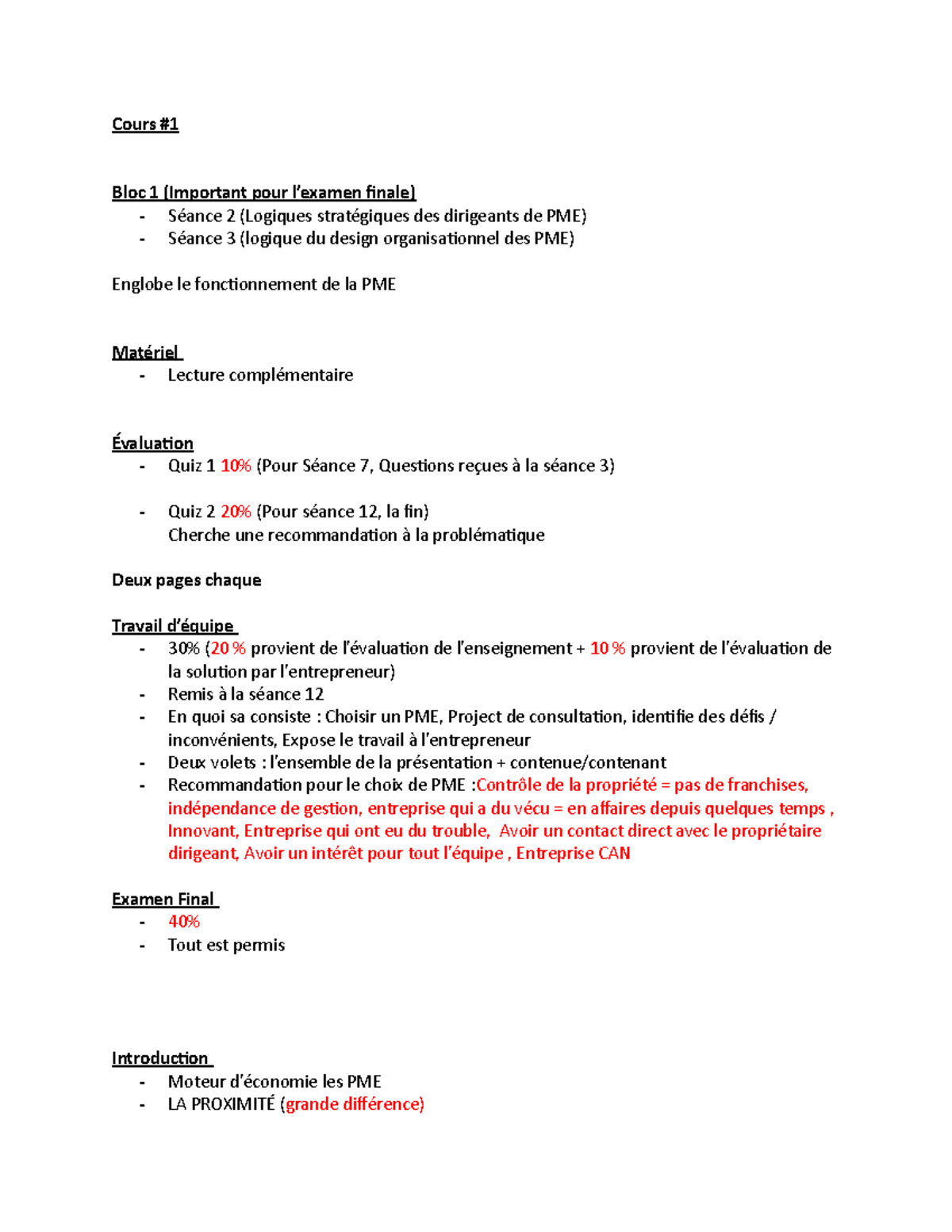 Cours #1 - RÉSUMER - Cours # Bloc 1 (Important pour l’examen finale ...