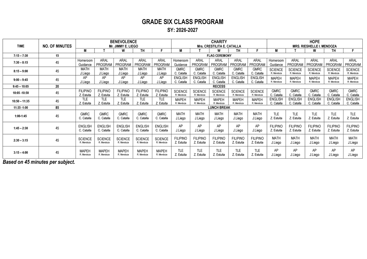 GRADE SIX CLASS PROGRAM SY 2026-2027 (Version 2) - Studocu