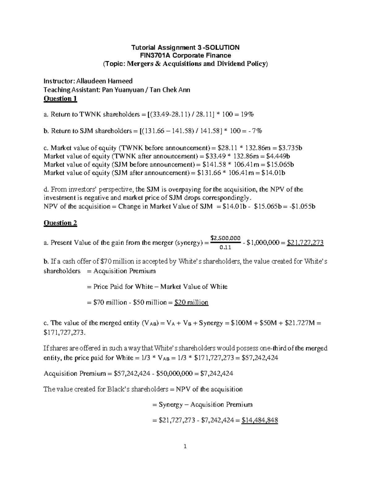 Tutorial 3 solution - Tutorial Assignment 3 - SOLUTION FIN3 7 01A Corporate Finance (Topic ...