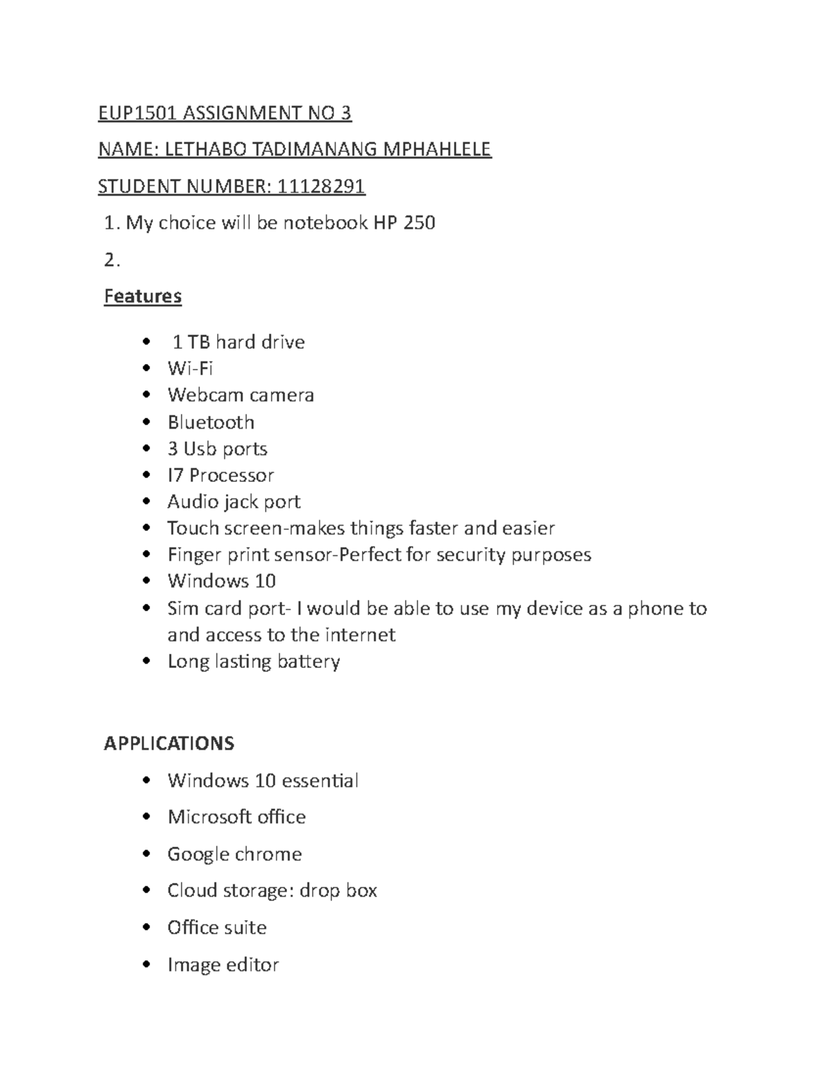 EUP1501 Assignment No 3: Evaluating the HP 250 Notebook Features - Studocu