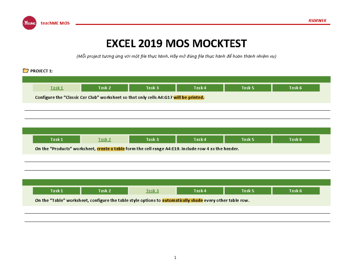 RS08WEK teachME MOS EXCEL 2019 MOCK TEST 4: Project Tasks Overview ...