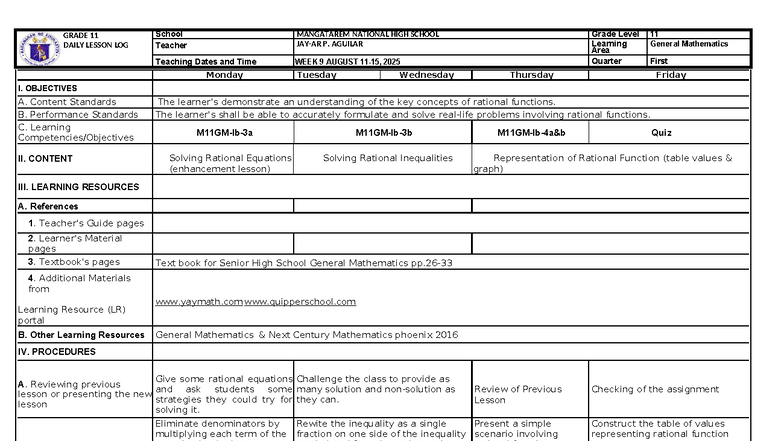 DLL Gen Math Q1 Week 09 - Daily Lesson Log for Grade 11 - Studocu