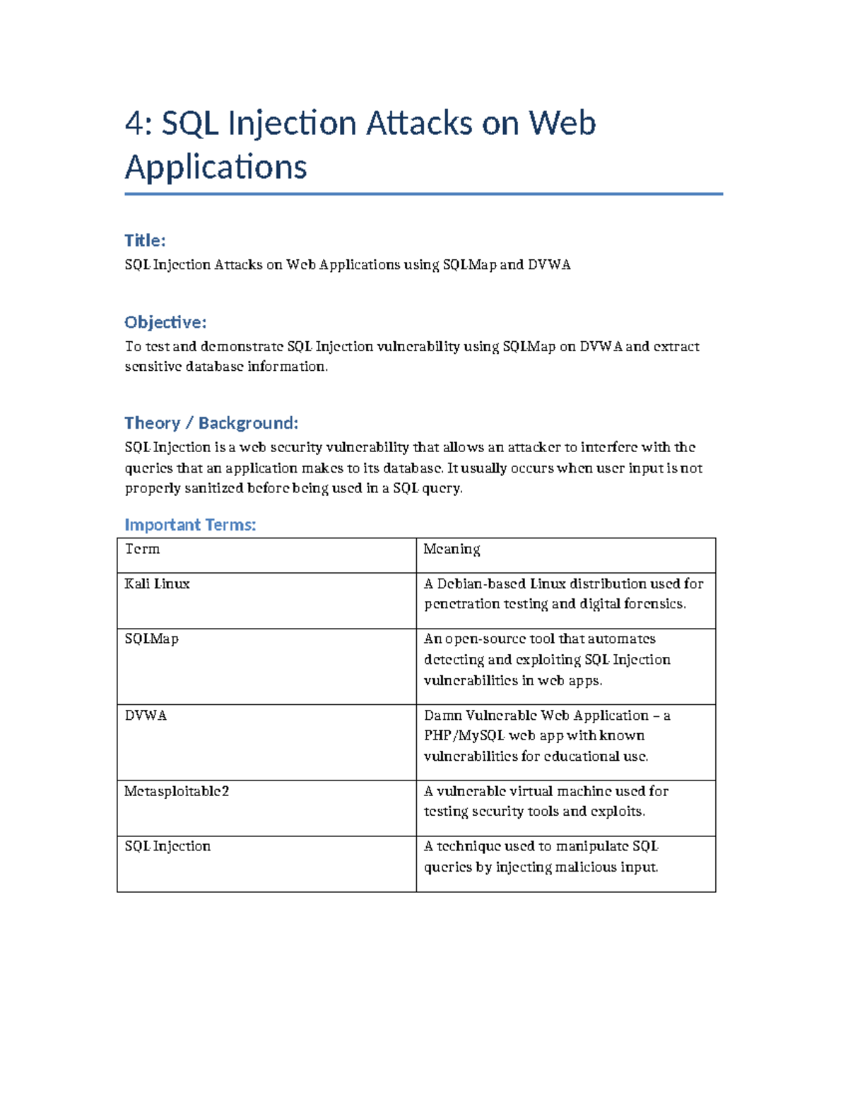 Exp4: SQL Injection Attacks on Web Apps with SQLMap & DVWA - Studocu