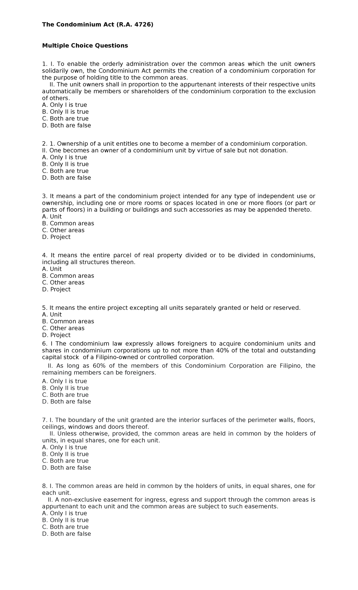 THE Condominium Act: Multiple Choice Questions Exam Review - Studocu