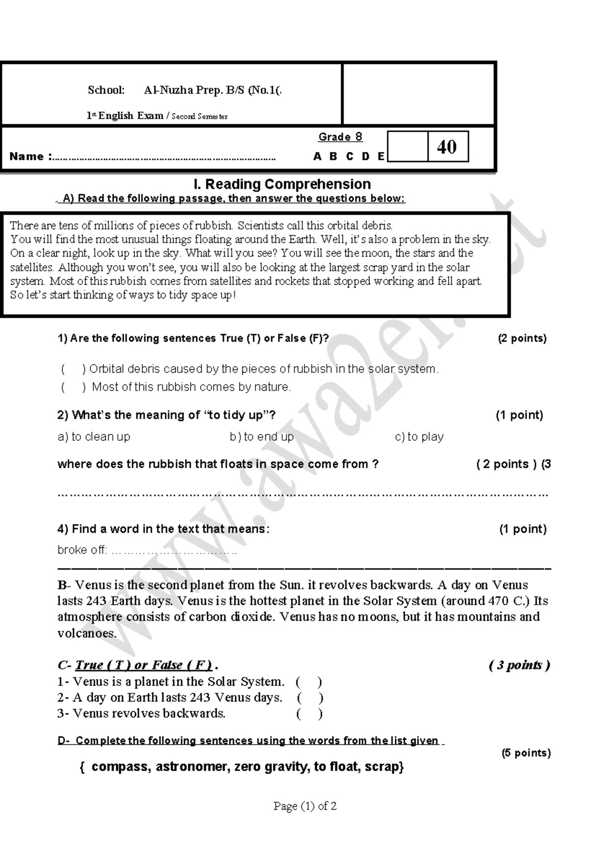 8th Grade English 1st Exam: Reading Comprehension Overview - Studocu