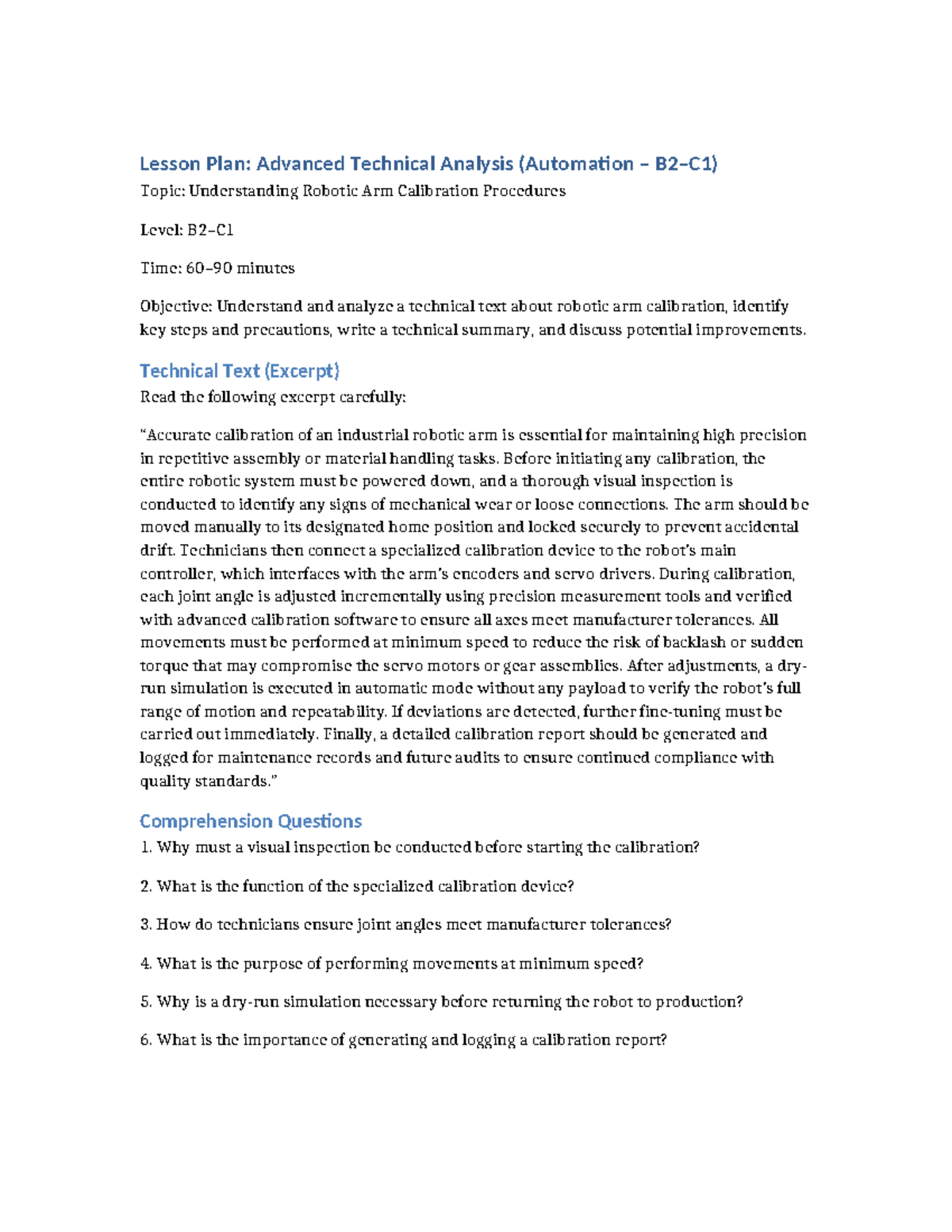 Robotic Arm Calibration: Advanced Lesson Plan B2 C1 - Studocu
