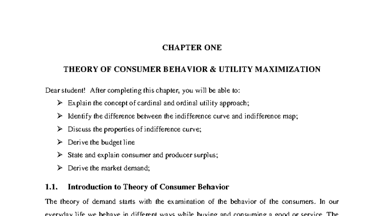 CHAPTER ONE: THEORY OF CONSUMER BEHAVIOR AND UTILITY MAXIMIZATION - Studocu