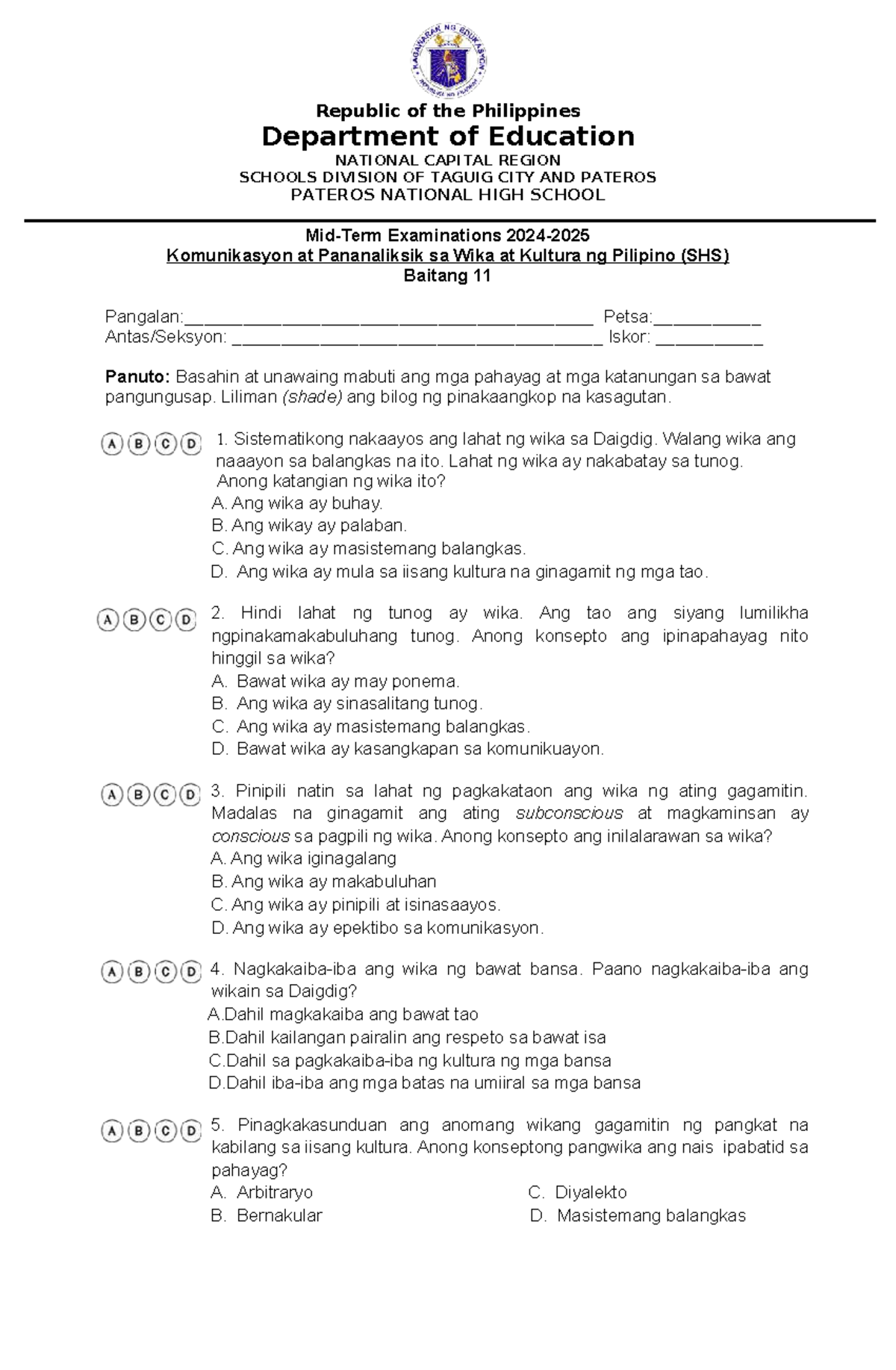 1STQ - Kompan - Periodic Exam for Quarter 1: Answer Key - Studocu