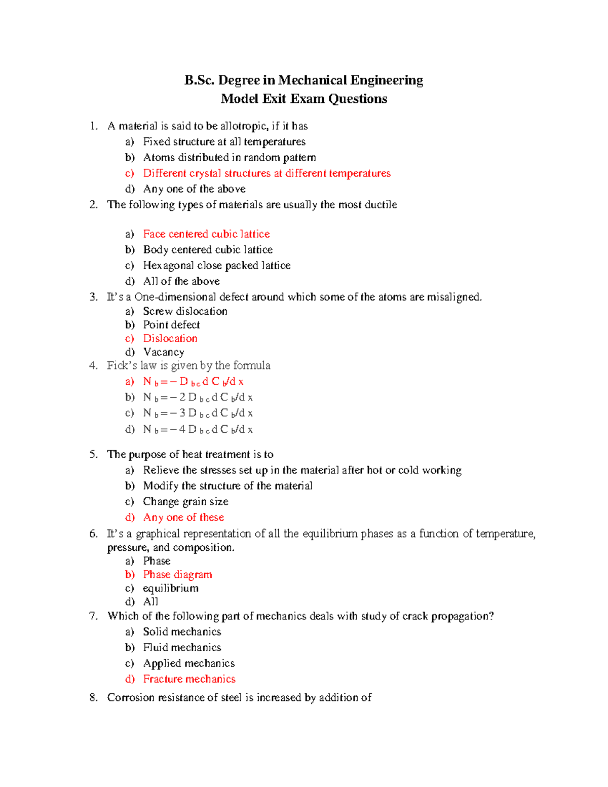 B.Sc. Mechanical Engineering Model Exit Exam Questions - Studocu