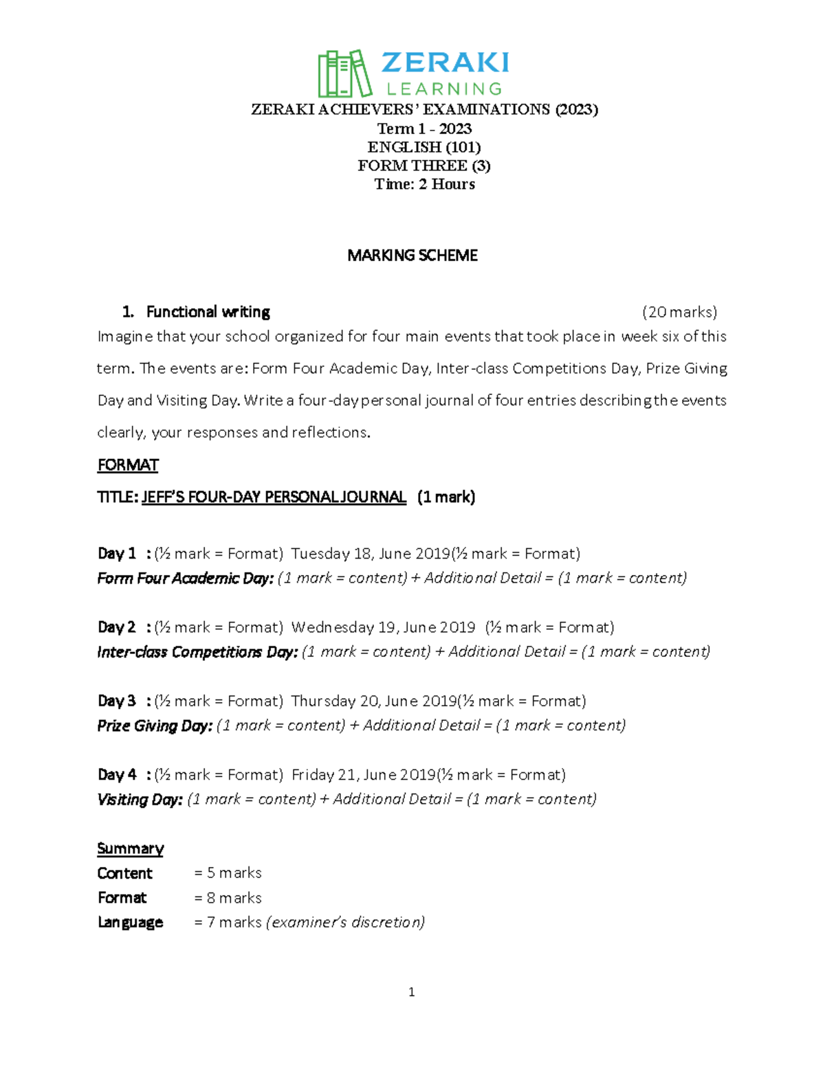 English Form 3 - Term 1 Achievers' Exam Question Paper (2023) - Studocu