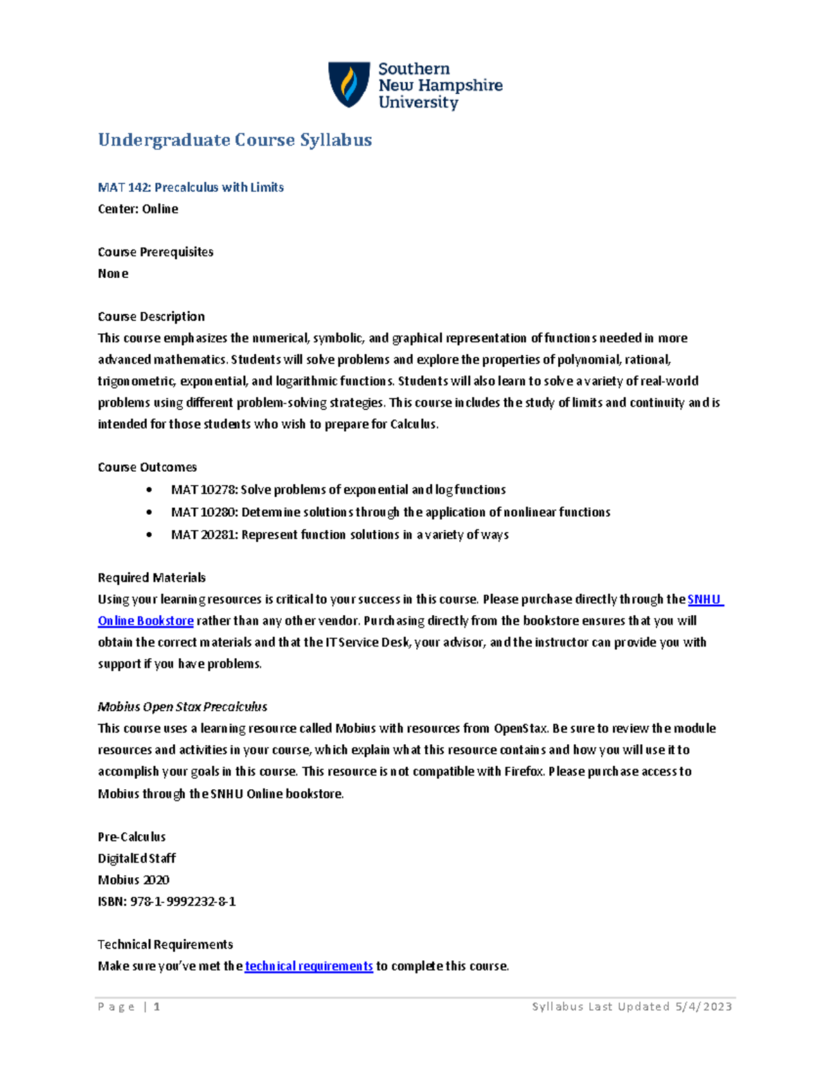 MAT 142 Syllabus: Precalculus with Limits Course Overview - Studocu