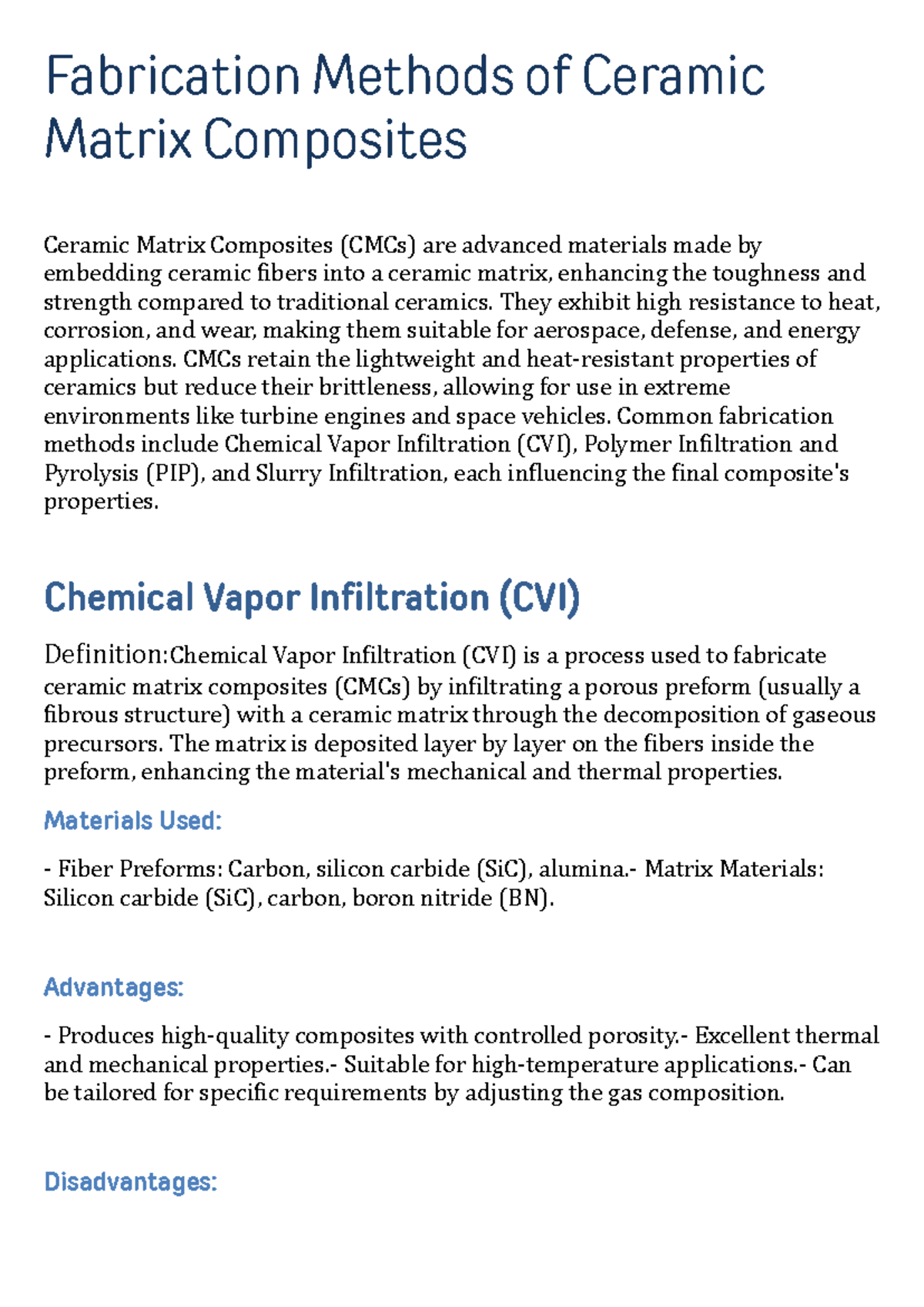 Fabrication Methods of Ceramic Matrix Composites (23101001) - Studocu