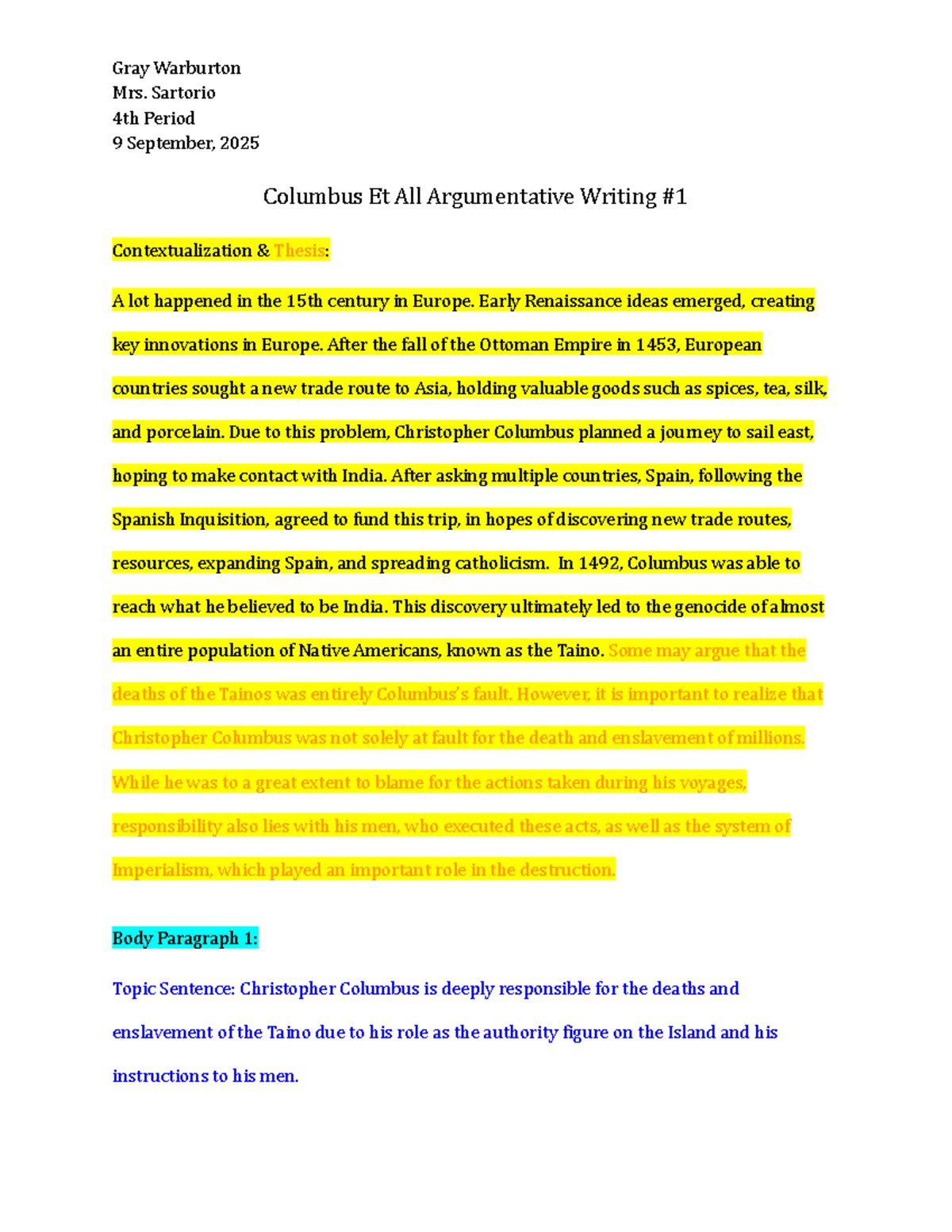 Columbus & the Taino: An Argumentative Contextualization Essay - Studocu