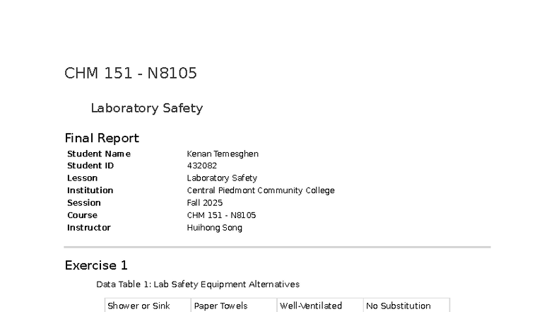 CHM 151 N8105 Laboratory Safety Final Report - Kenan Temesghen - Studocu