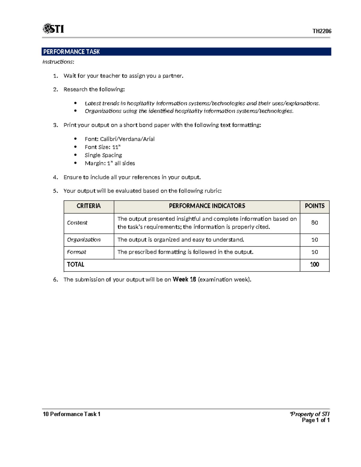 10 Performance Task 1 - nONE - TH PERFORMANCE TASK Instructions: 1 ...