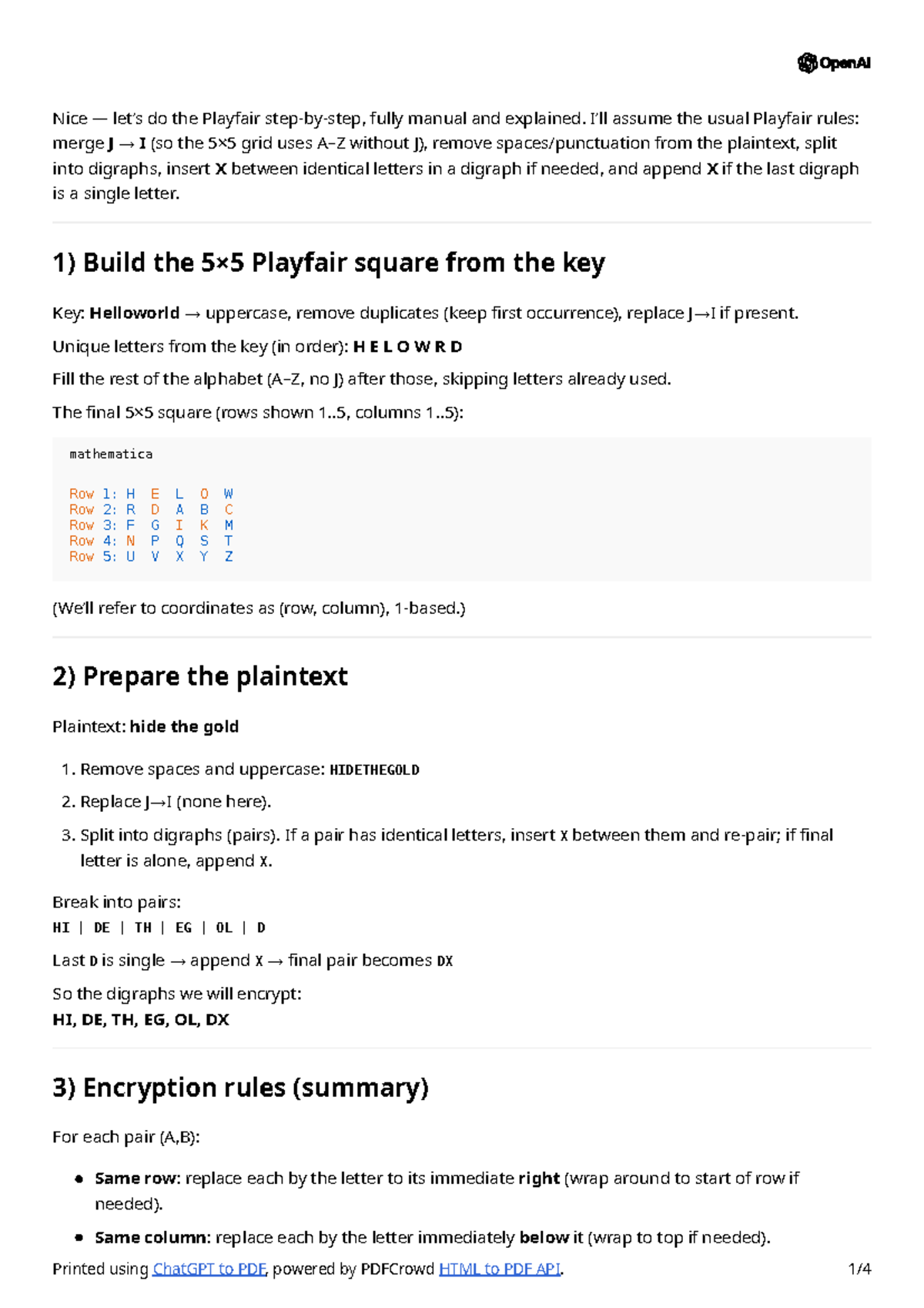 Playfair Cipher Manual: Helloworld Key Encryption Process - Studocu