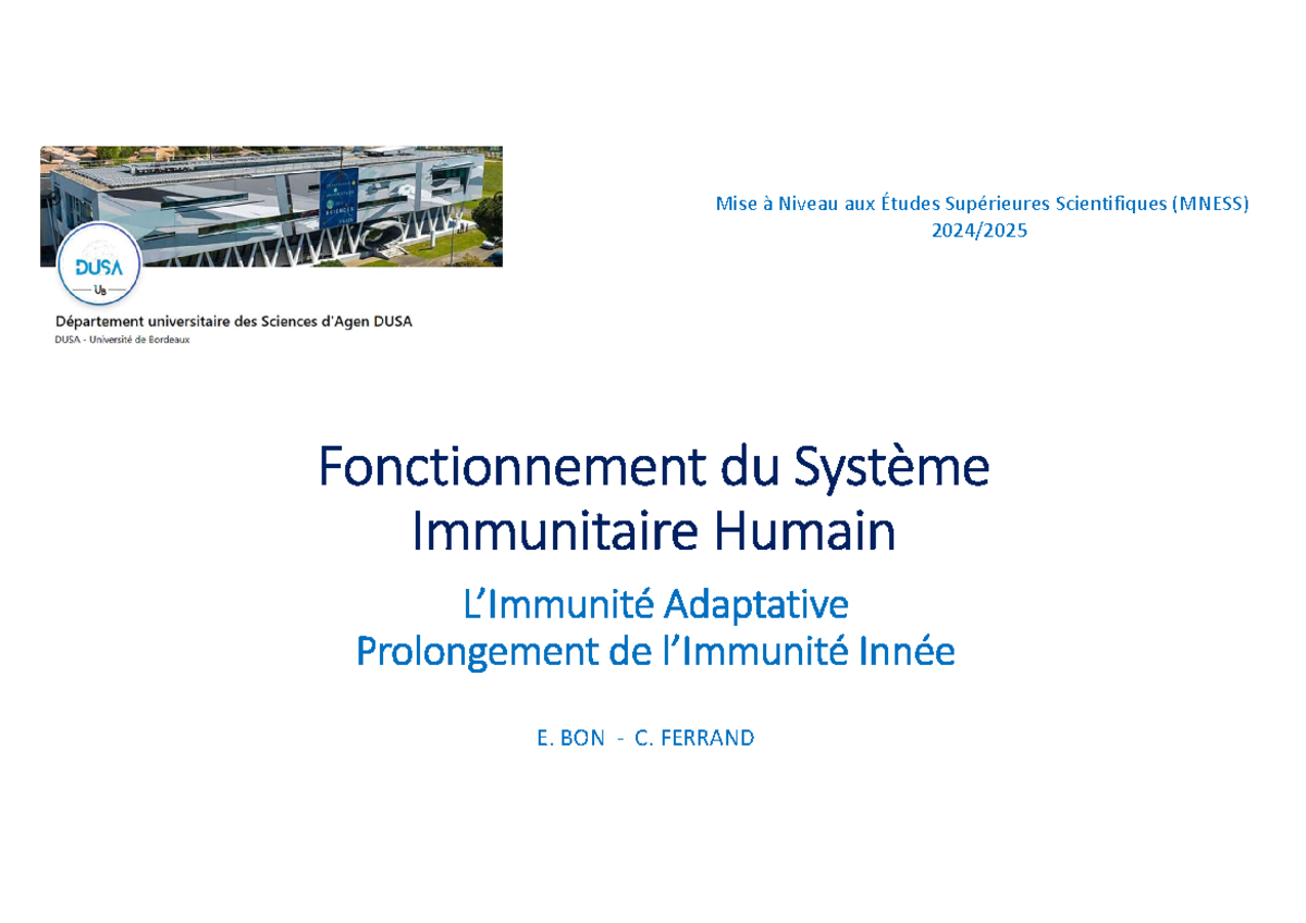 MNESS: Fonctionnement du Système Immunitaire Humain Adaptatif - Studocu