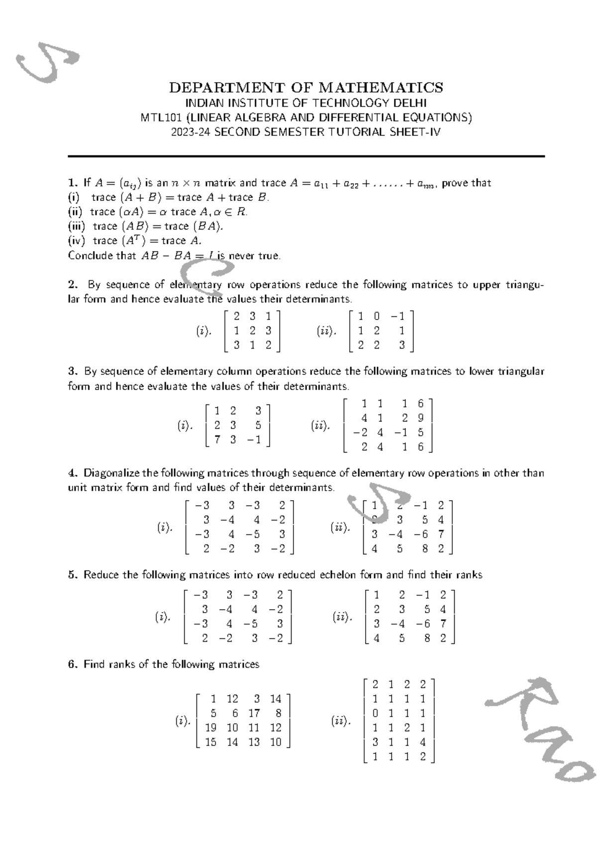 MTL101 Linear Algebra & Differential Equations - Tutorial Sheet 4 - Studocu