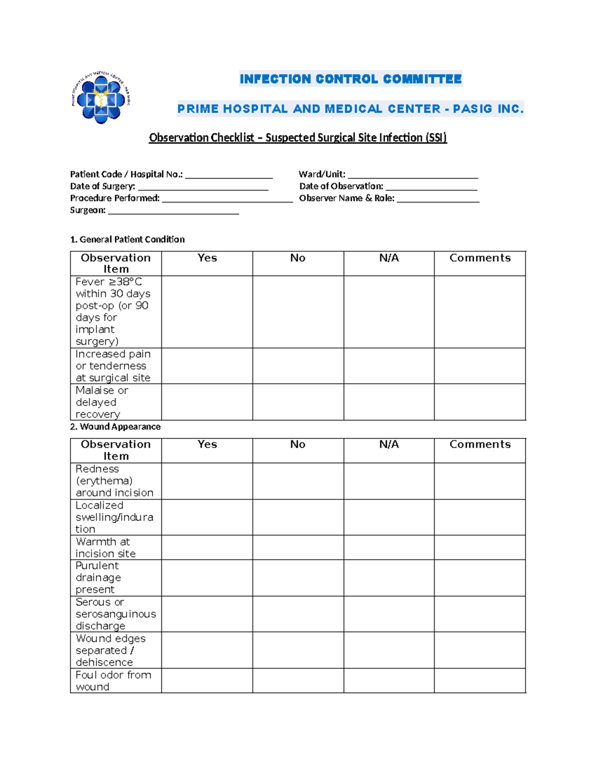 Observation Checklist for Suspected SSI - Infection Control Committee ...