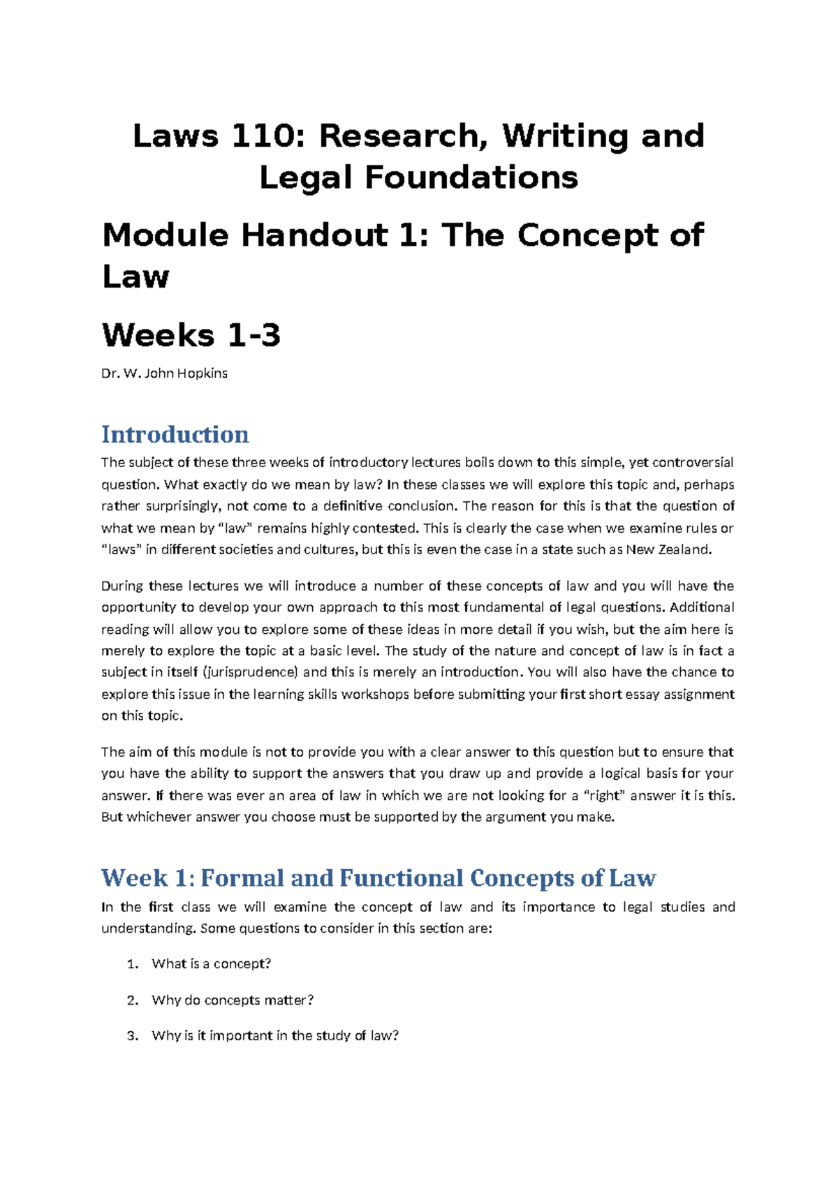 Module 1- Class Handout 2023 - Laws 110: Research, Writing and Legal ...