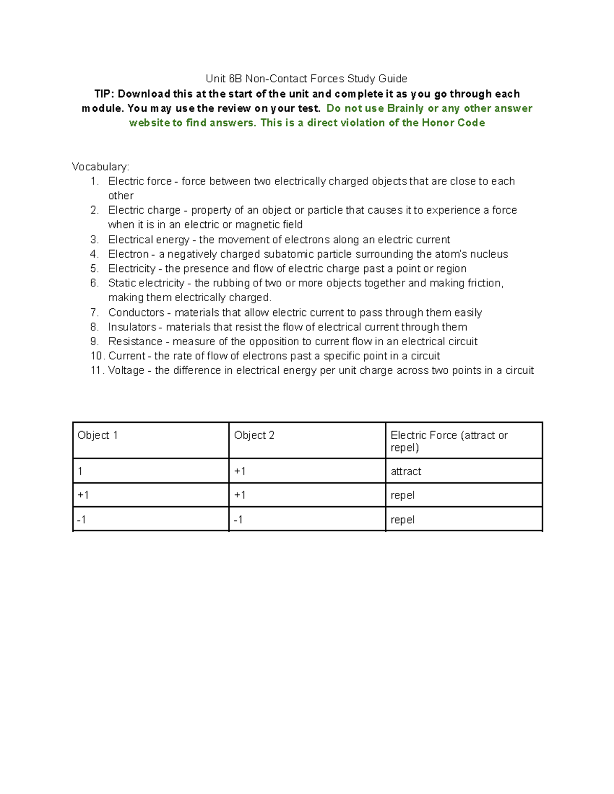 Copy of Unit 6B Non-Contact Forces Study Guide - Unit 6B Non-Contact ...