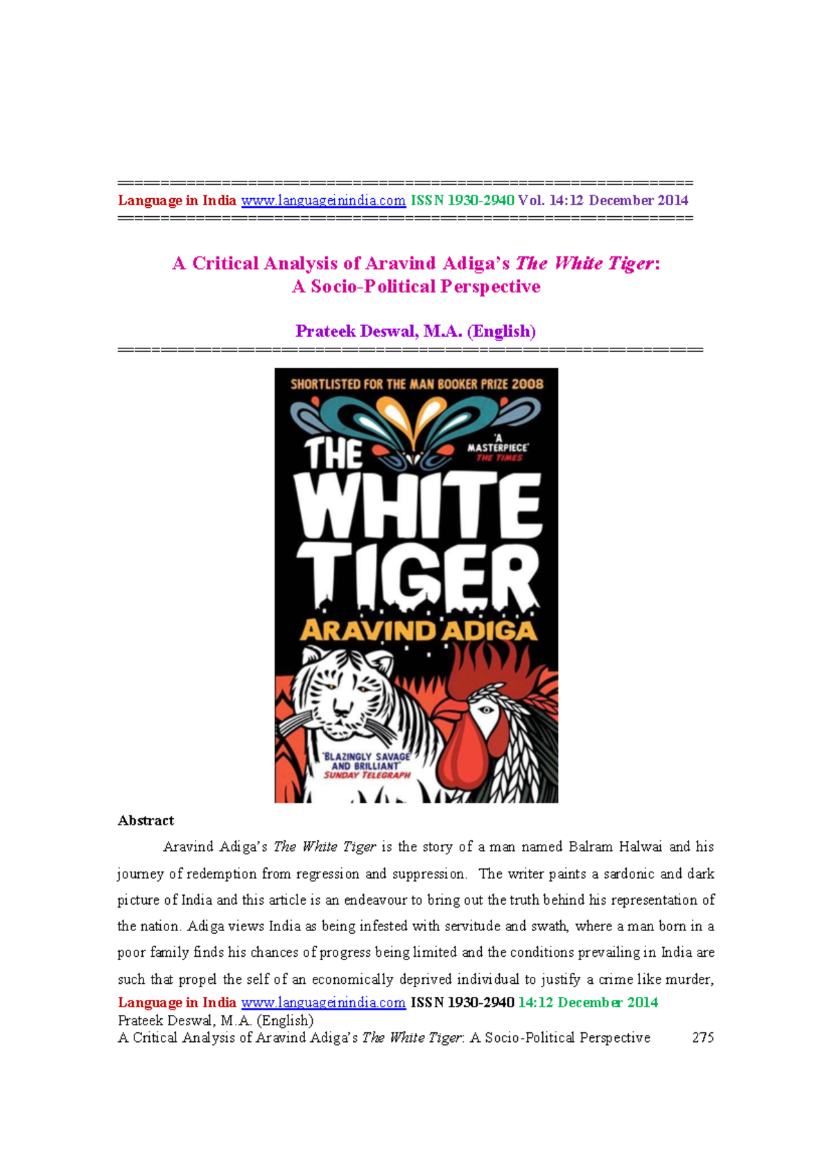 Critical Analysis of Aravind Adiga's "The White Tiger" - M.A. (English ...
