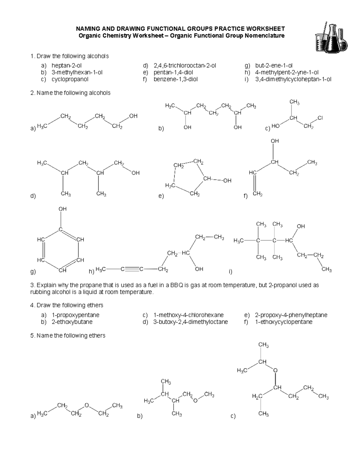 Organic Chemistry Worksheet: Naming & Drawing Functional Groups - Studocu