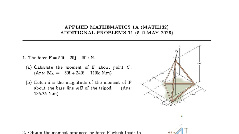 APPLIED MATHEMATICS 1A (MATH132) TUTORIAL 11 PROBLEMS - Studocu