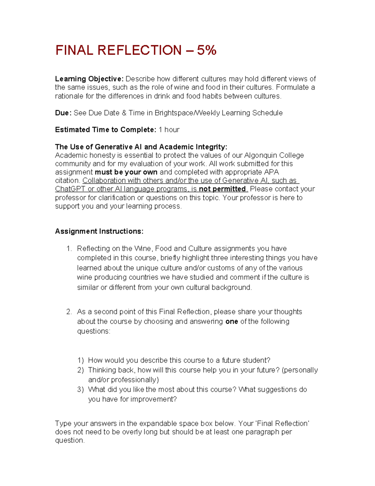 FINAL REFLECTION: Cultural Perspectives on Wine and Food - ASSIGNMENT ...