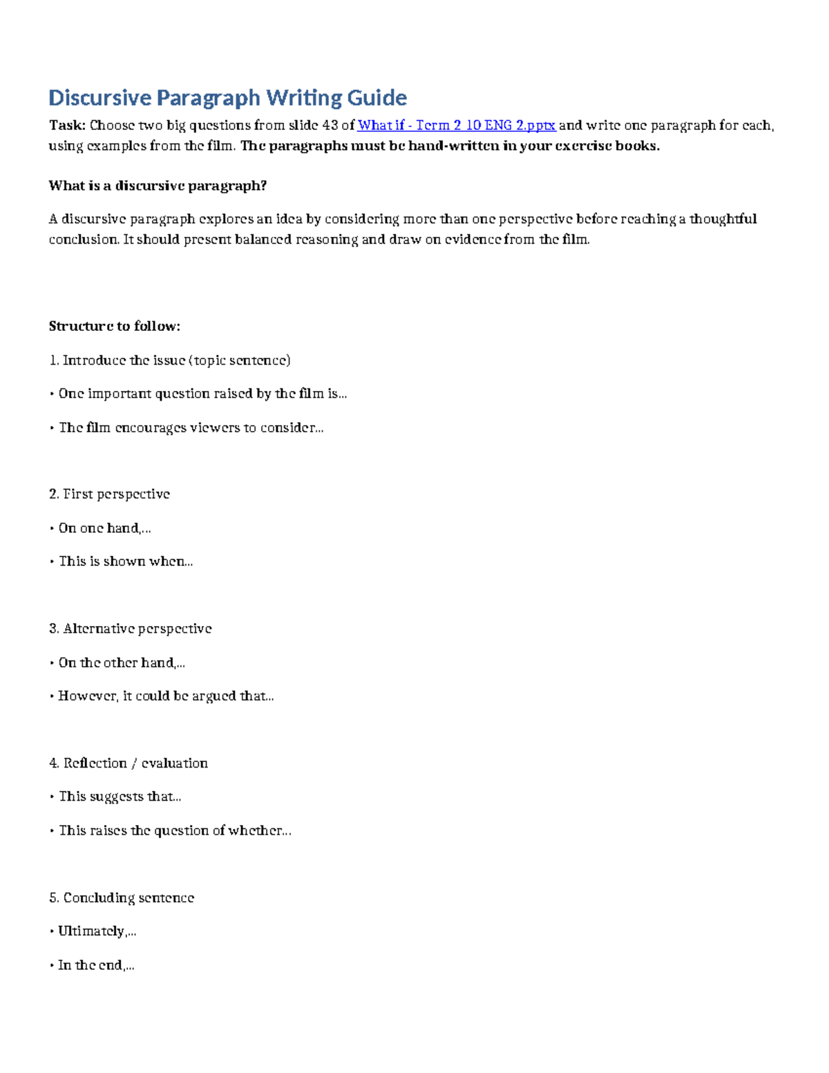 ENG 2: Discursive Paragraph Writing Guide for Film Analysis - Studocu