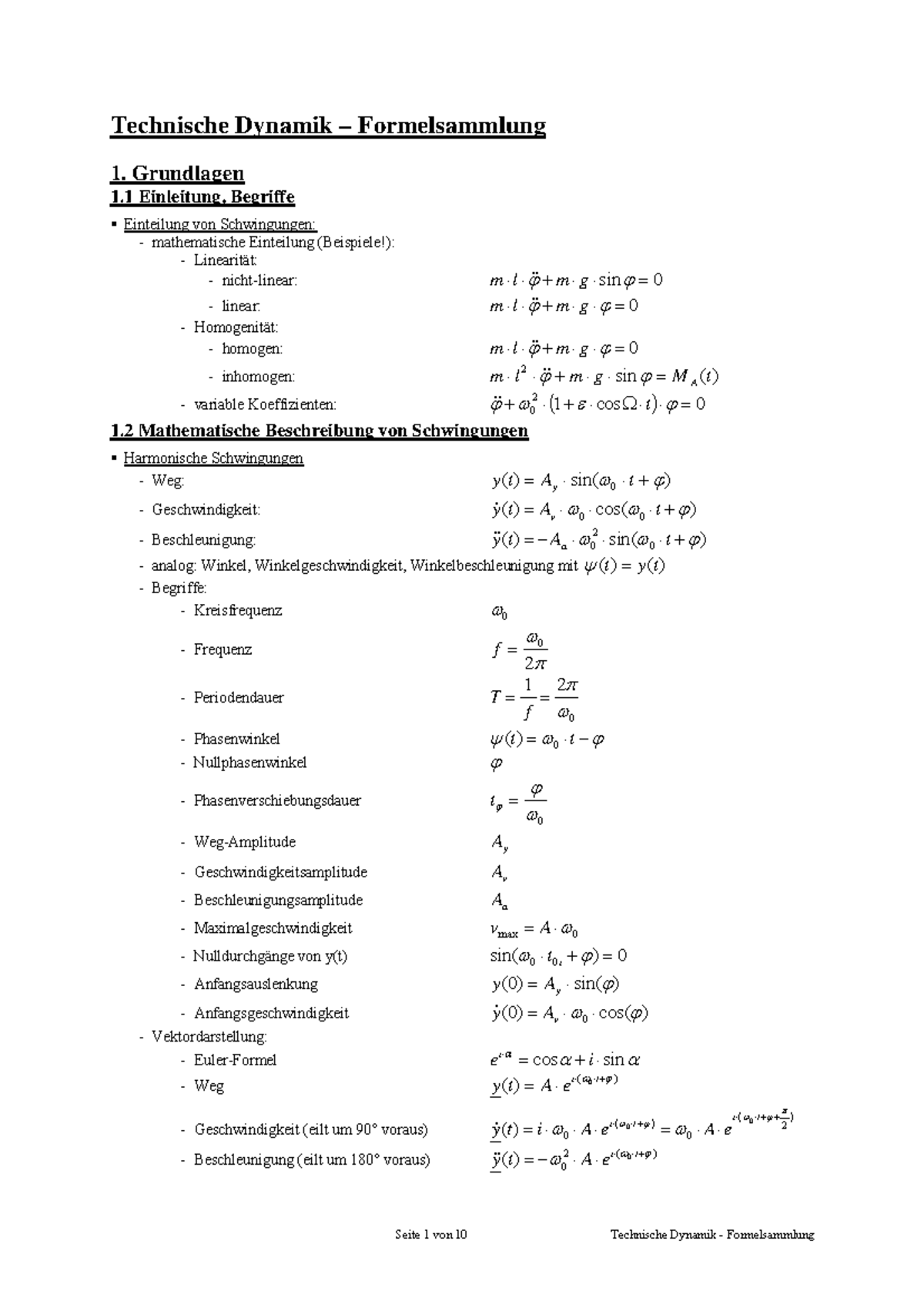 Technische Dynamik - Formelsammlung 1: Grundlagen und Schwingungen ...