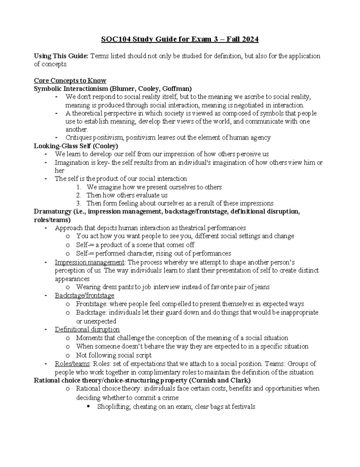 SOC 104 Final Exam Study Guide: Key Theories & Concepts (FA24) - Studocu