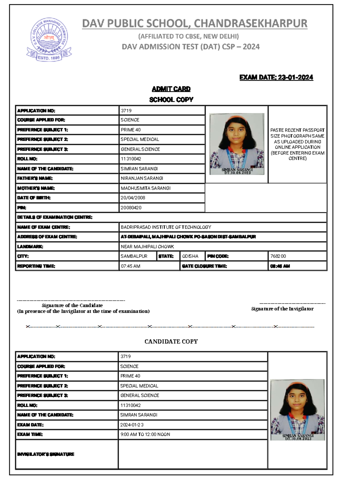 Science Exam Admit Card - Application No: 3719 - Studocu